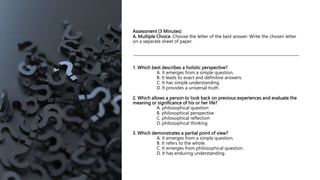 Lesson 1: Doing Philosophy: Distinguishing Holistic Perspective from a ...