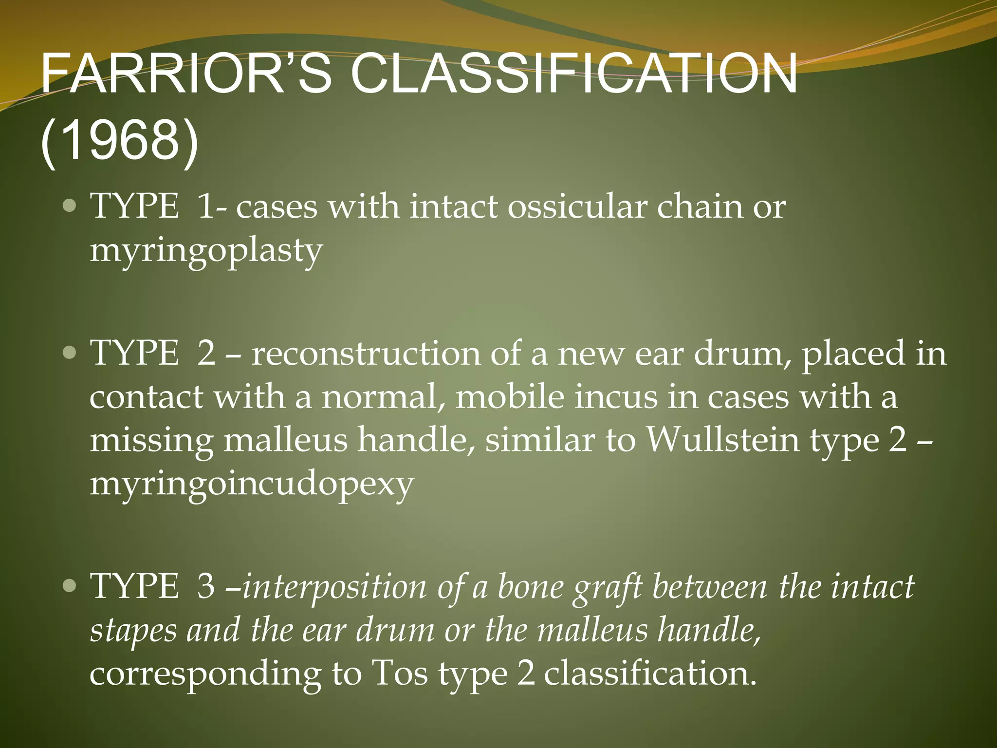 Tympanoplasty; Indications, types, anesthesia, surgical procedure. | PPT