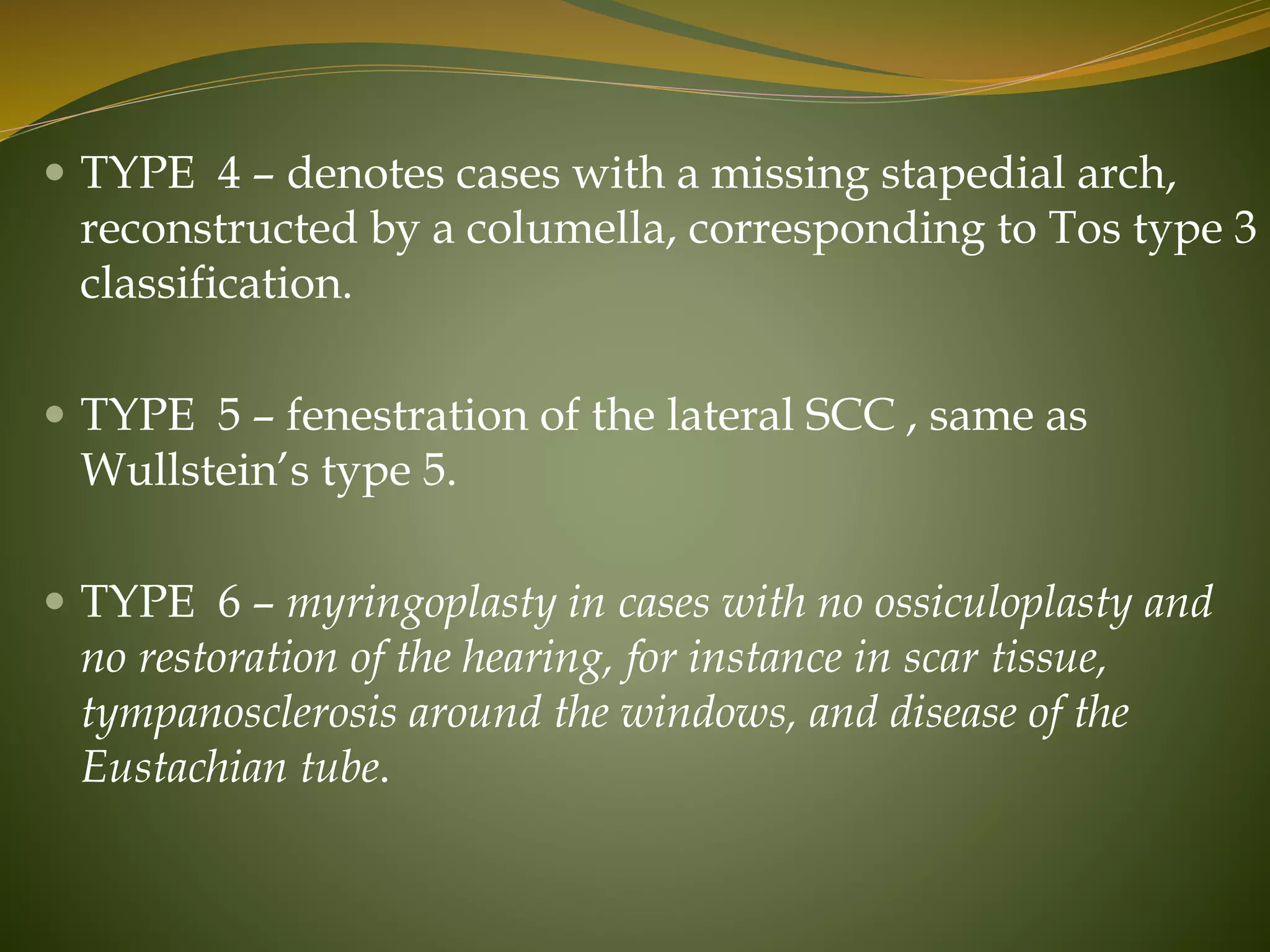 Tympanoplasty; Indications, types, anesthesia, surgical procedure. | PPT