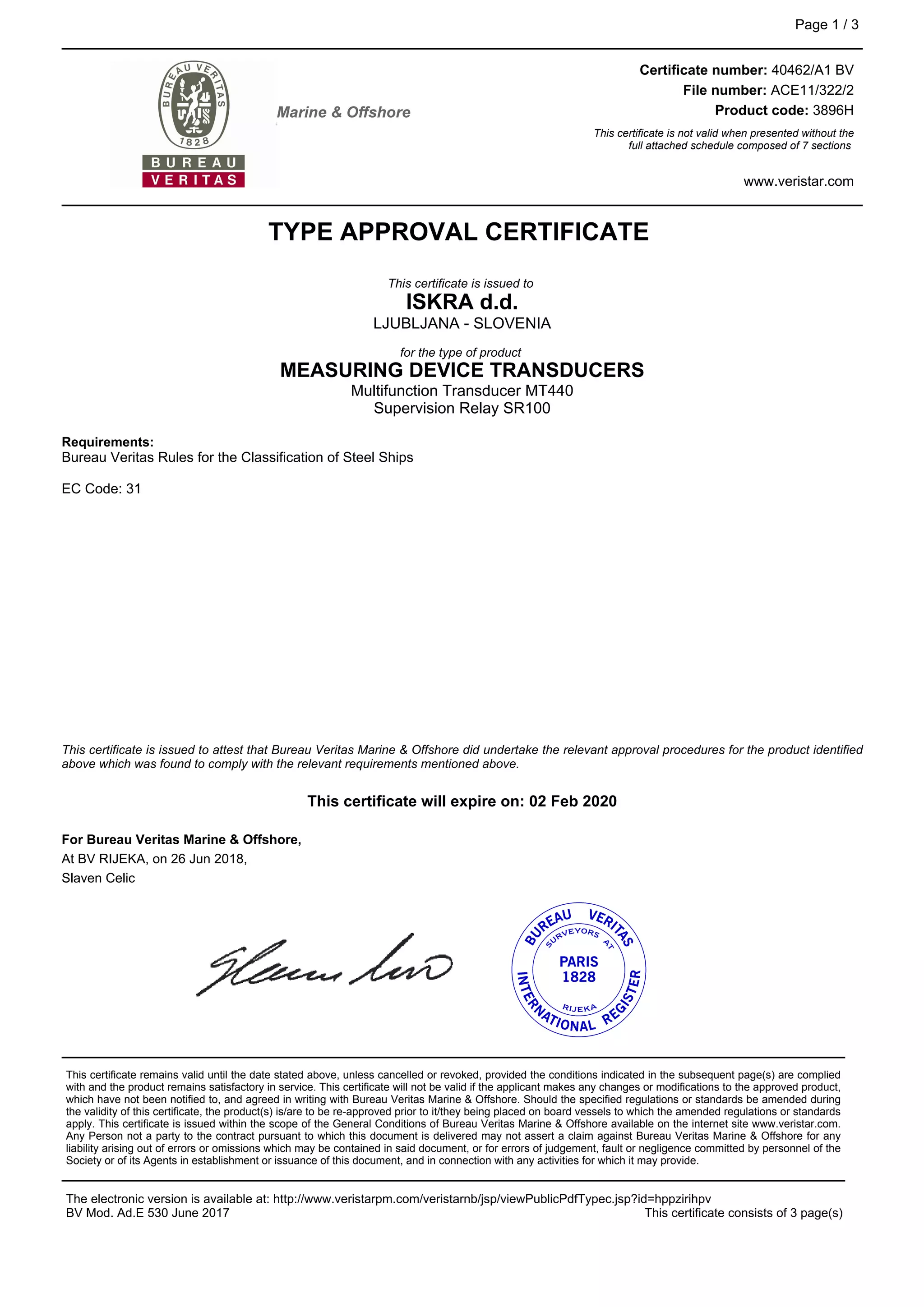 Iskra.EU | Type approval-certificate-for-marine-offshore-mt440 | PDF