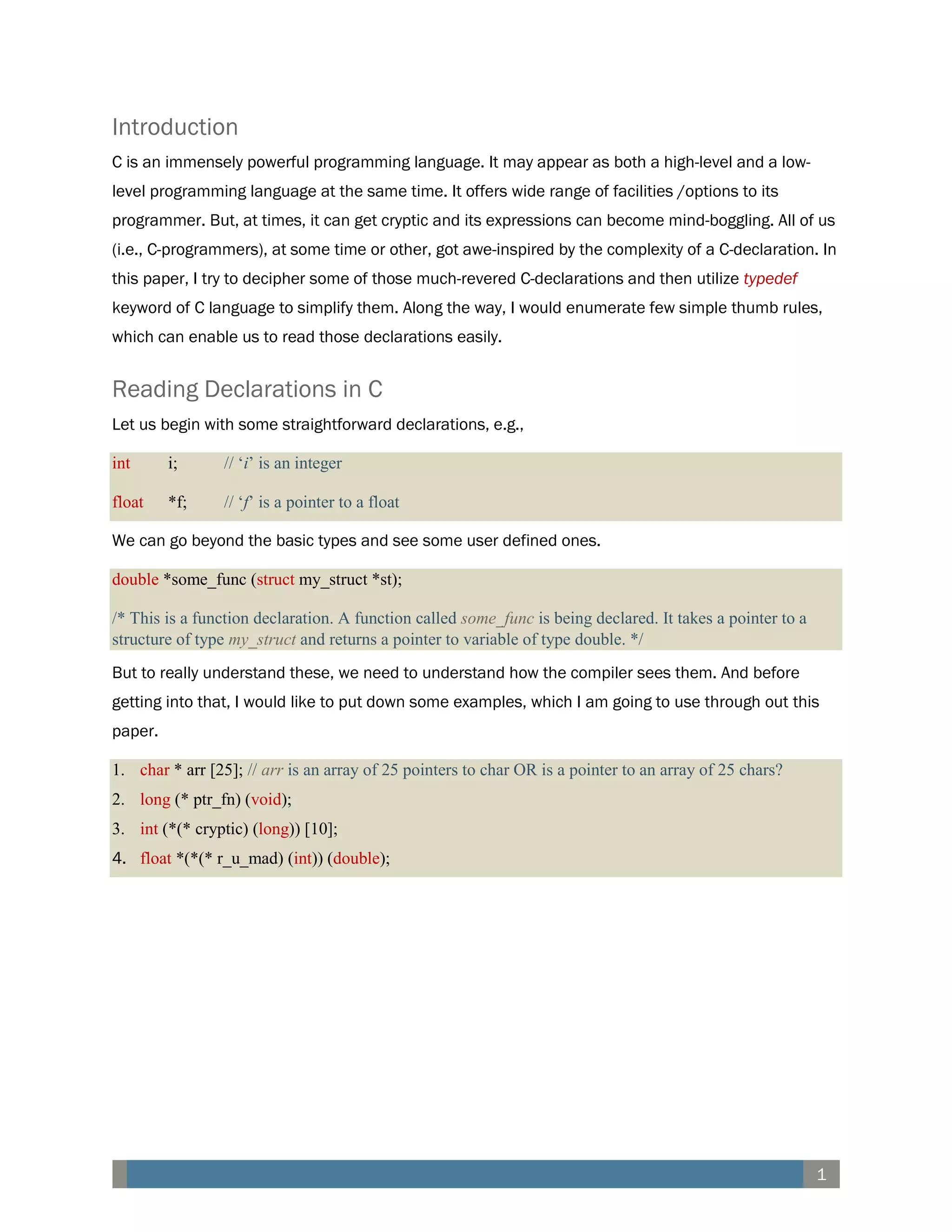 Complex C-declarations & typedef | PDF
