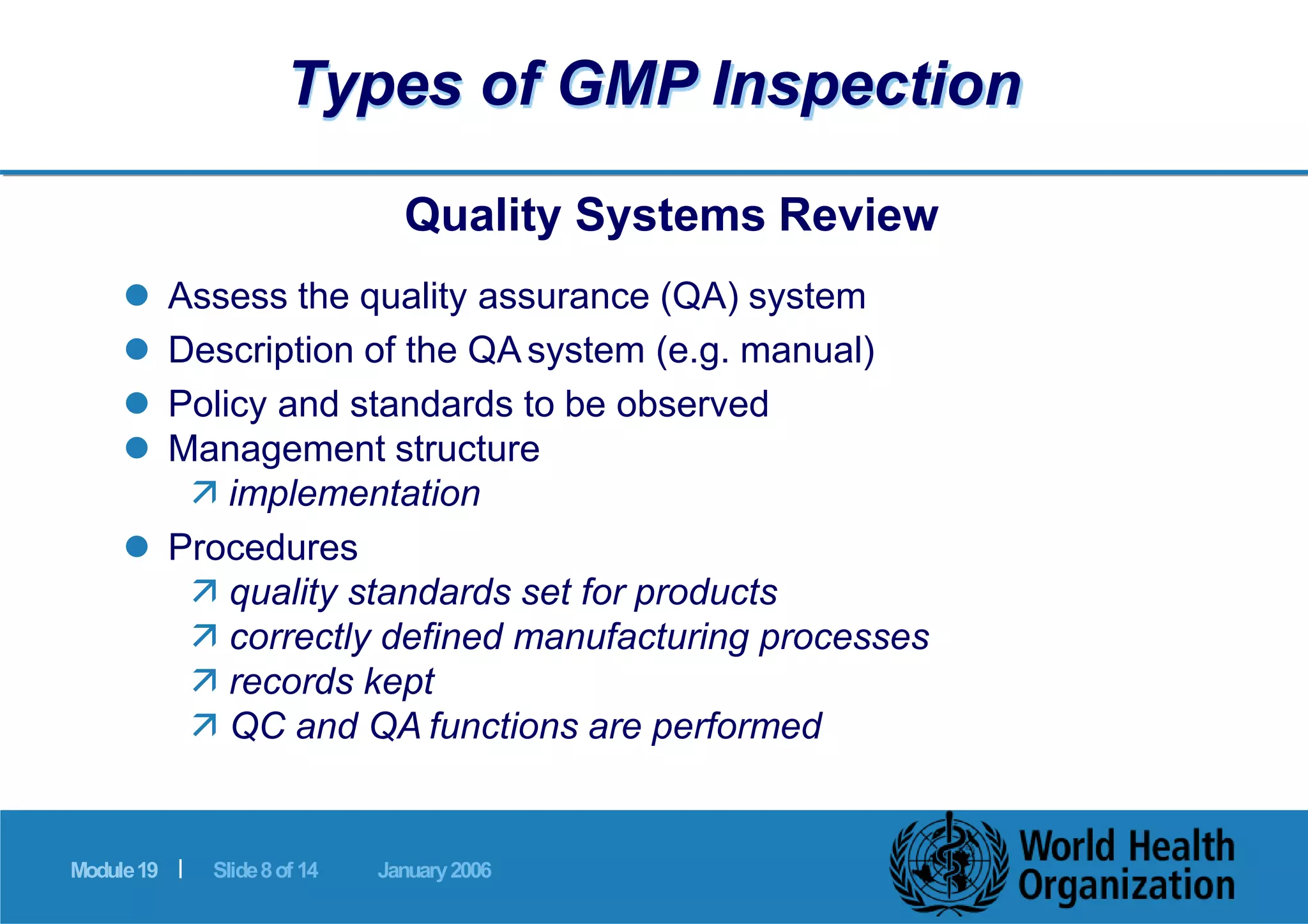 GMP WHO: Types of GMP inspection | PPTX