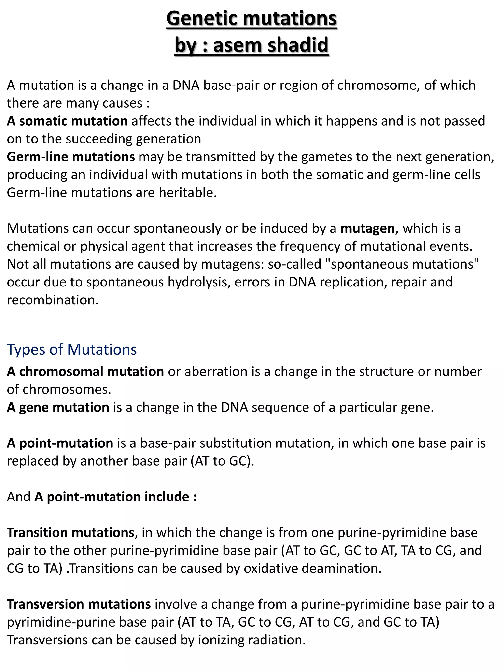 Genetic mutations and Type of mutation . | PPTX | Genetics | Science
