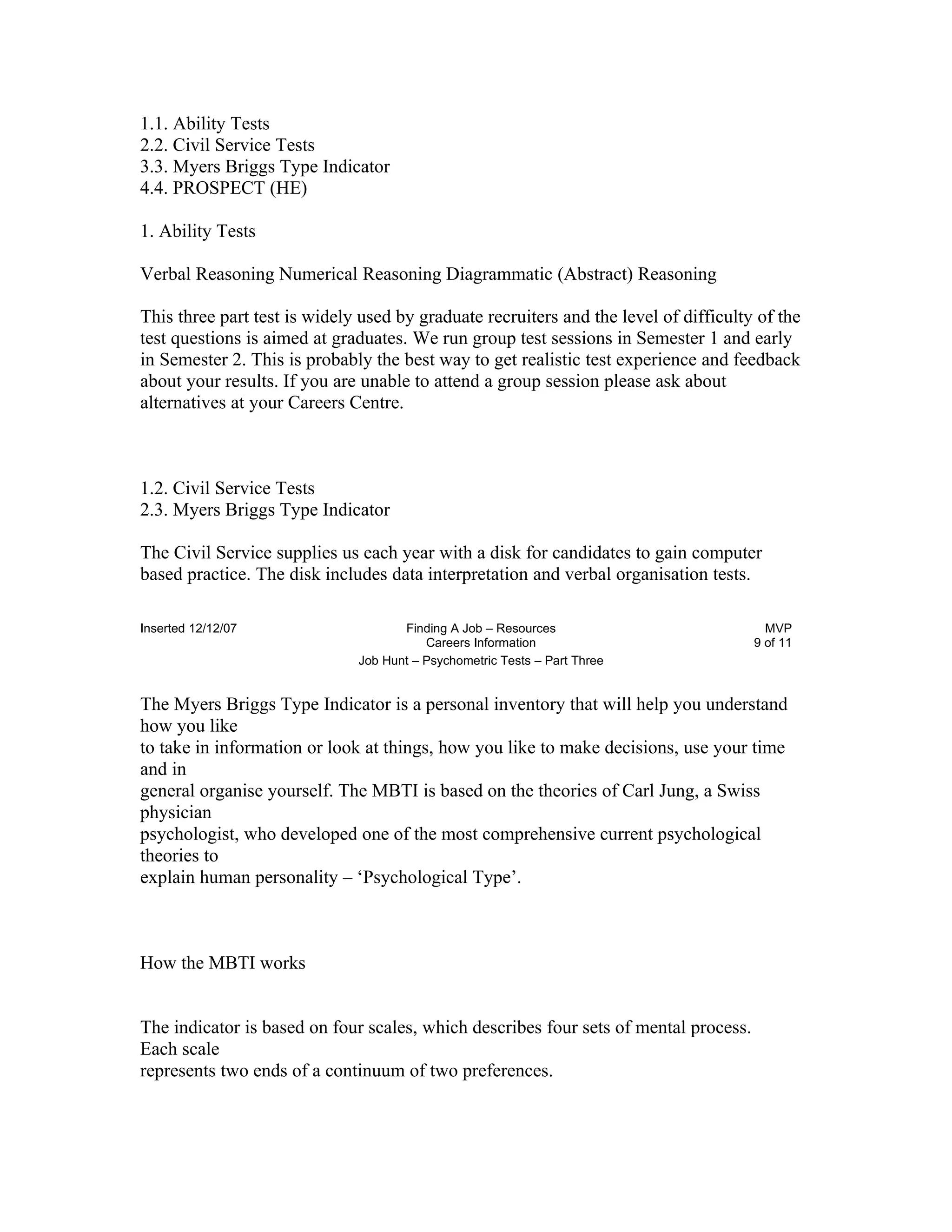 Type of psychometric Test | DOC