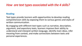 Type of texts How is each featured through the lens of textual ...