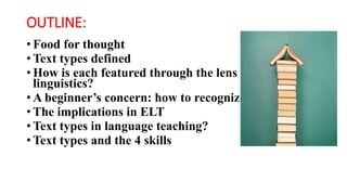 Type of texts How is each featured through the lens of textual ...