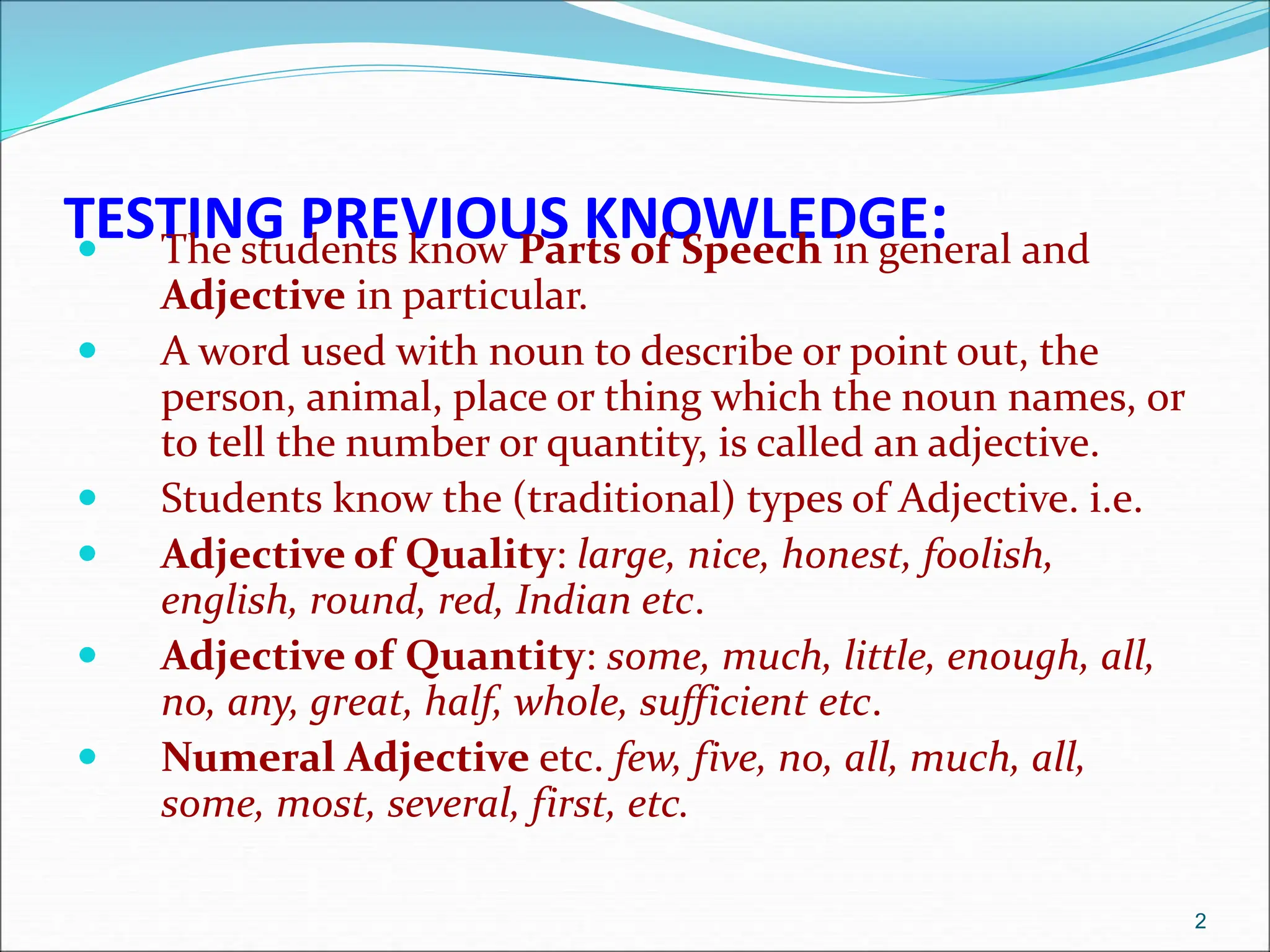 Types of adjectives with examples and images | PPT | Educational ...