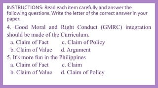 Types of Claims G11(2nd Semester- 4th Quarter) | PPTX