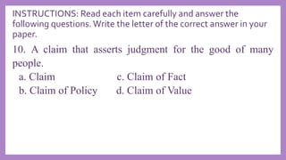 Types of Claims G11(2nd Semester- 4th Quarter) | PPTX