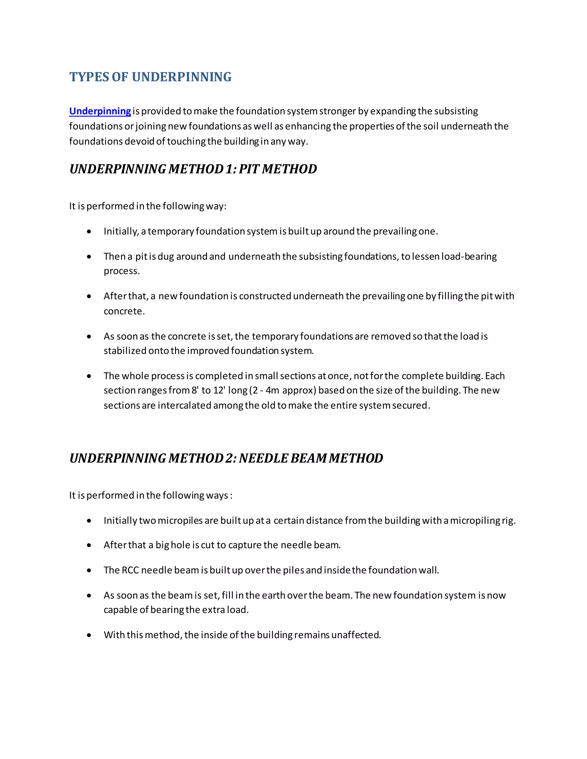 TYPES OF UNDERPINNING FOR BASEMENT FOUNDATION REPAIR | DOC