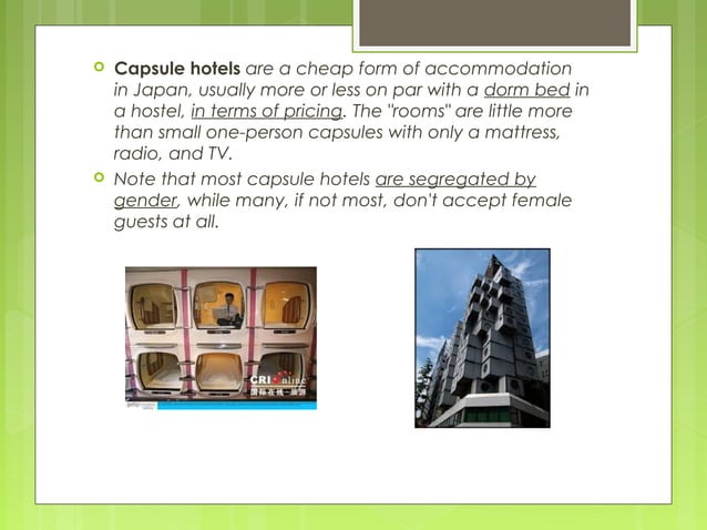 Types of accommodation | PPT | Hotels and Motels | Travel Type
