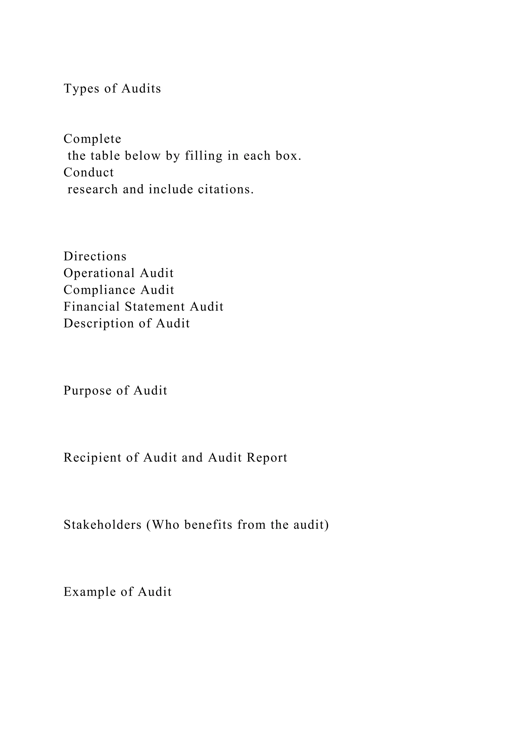 Types of AuditsComplete the table below by filling in each b.docx | Business | Business and Finance