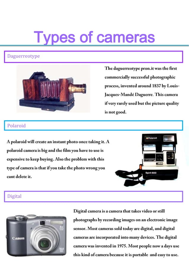 Types of cameras unit 9 | DOCX | Cameras and Camcorders | Consumer Electronics