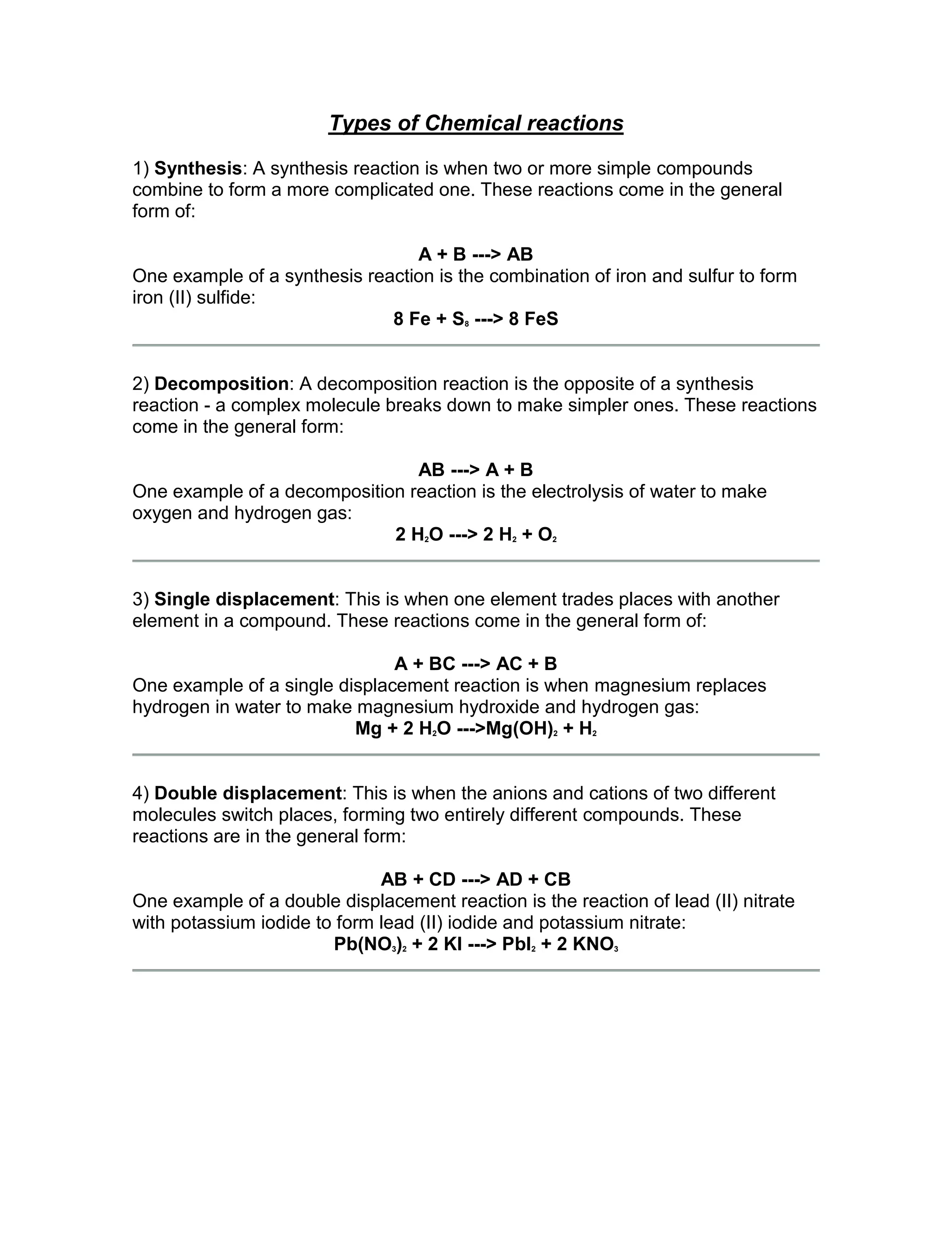 Types of chemical reactions | DOCX