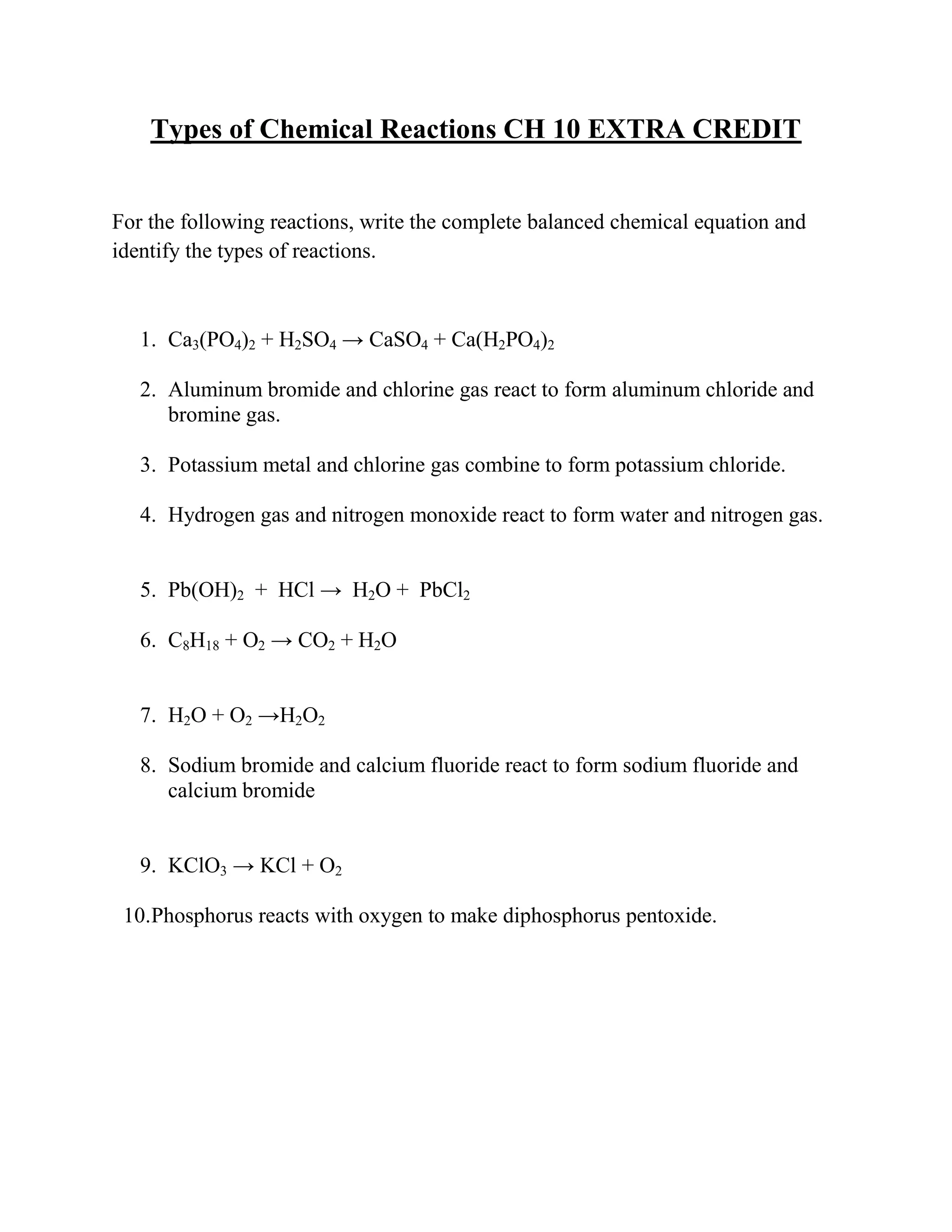 Types of chemical reactions ch 10 extra credit | DOCX