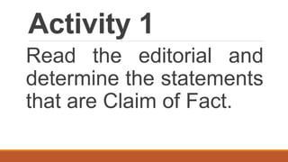 Types of Claims - Fact for Reading and Writing Skills | PPTX