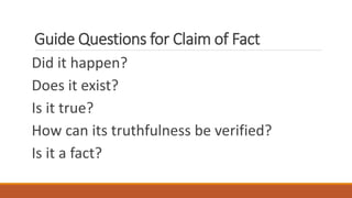 Types of Claims - Fact for Reading and Writing Skills | PPTX | Science
