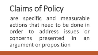 Reading and Writing: Types of Claims - Policy.pptx | Political Issues ...