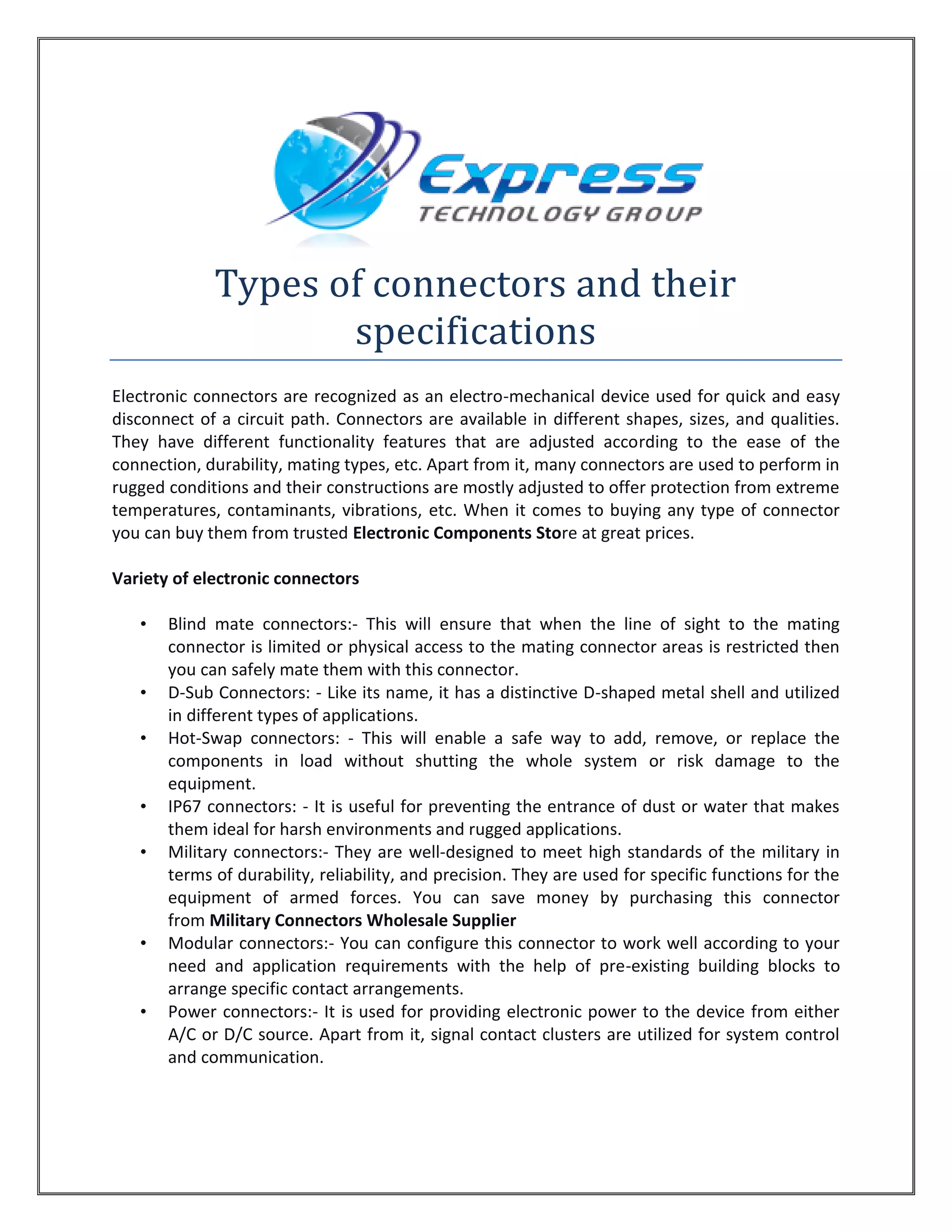 Types of connectors and their specifications | PDF