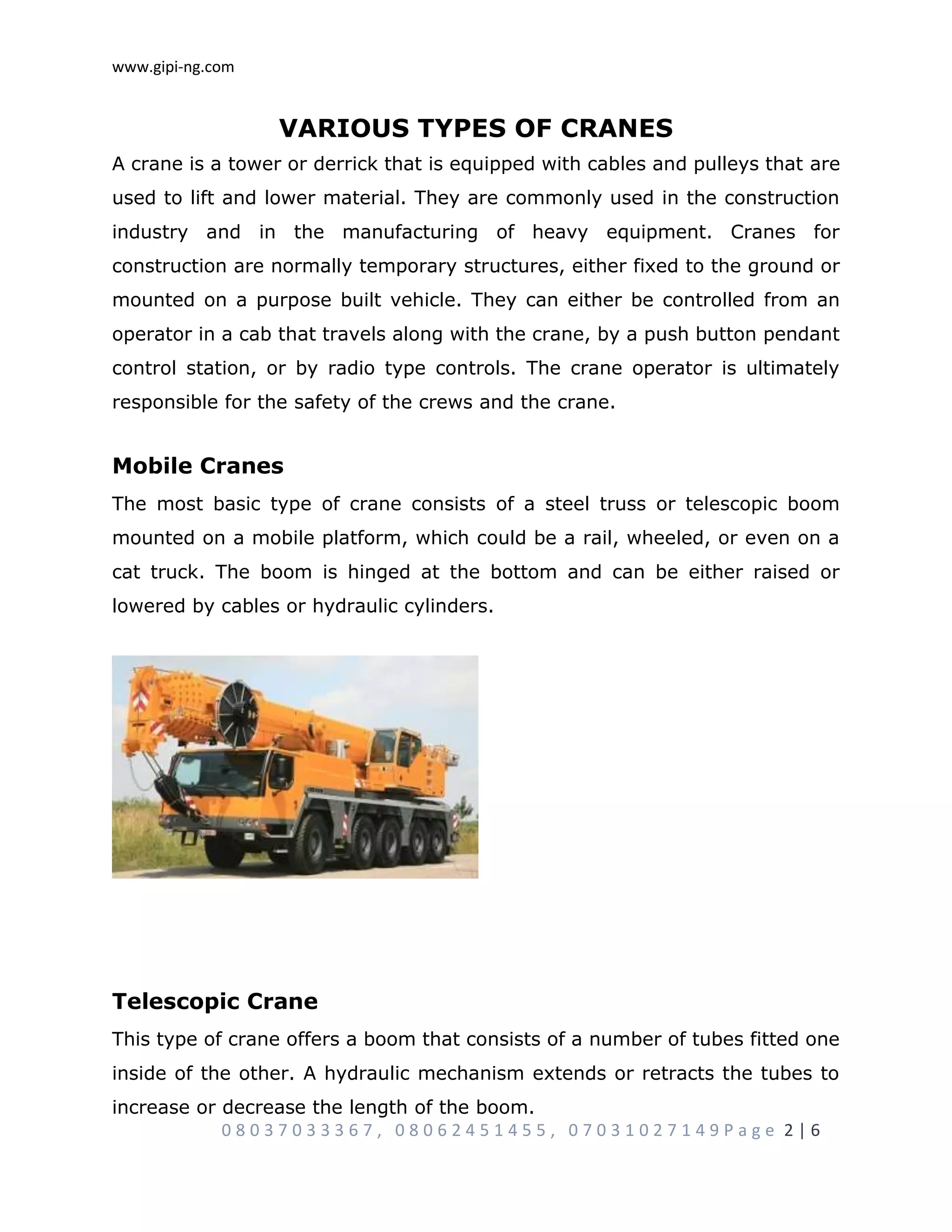 Types of cranes | DOCX | Civil Engineering Industry | Industries