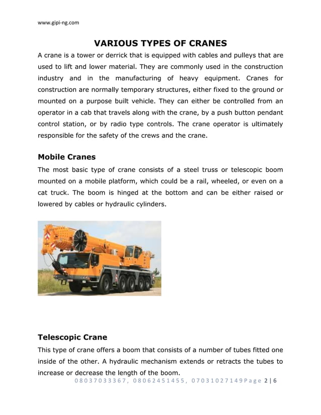 Types of cranes | DOCX | Civil Engineering Industry | Industries