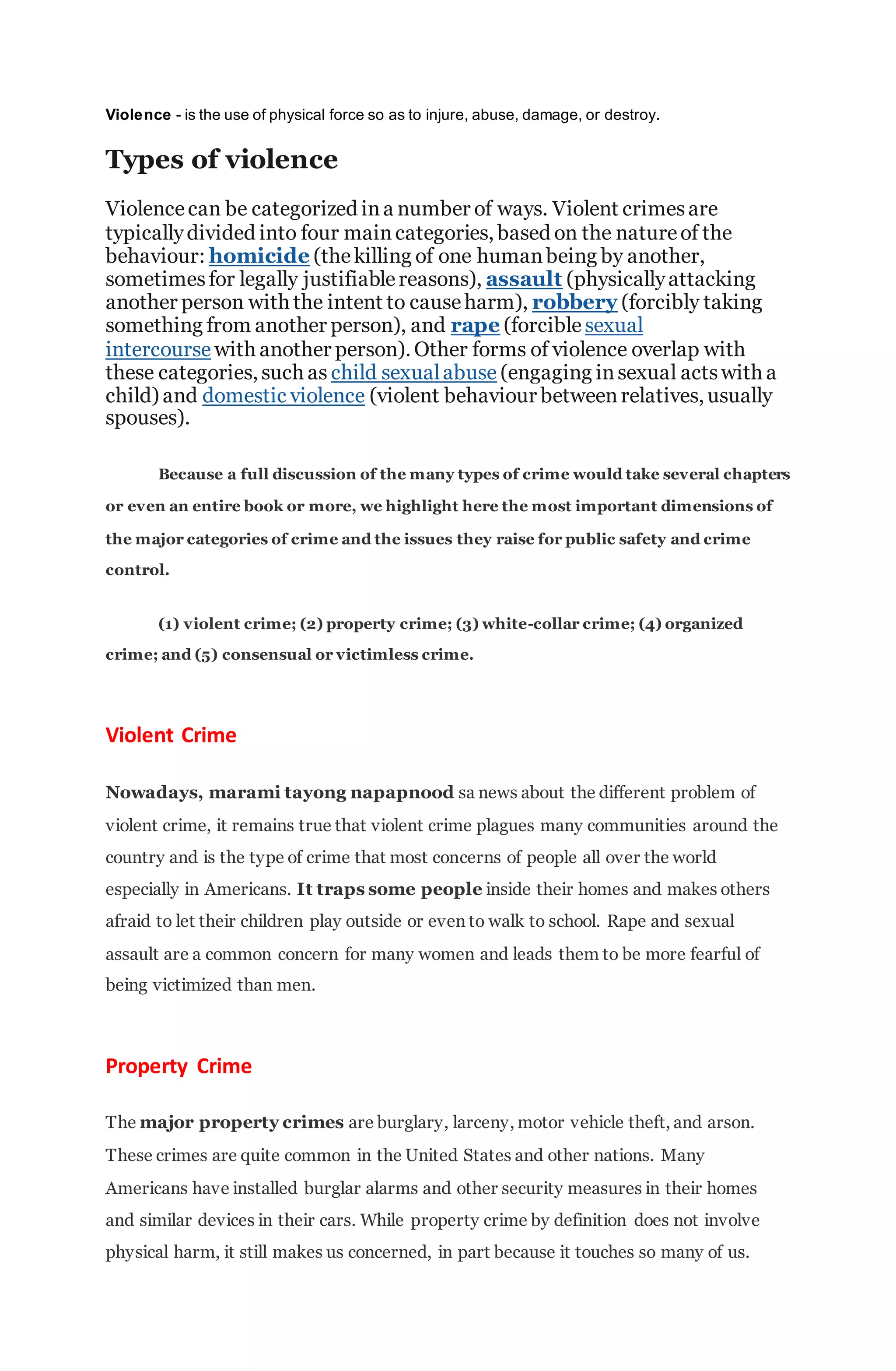 Types of crime and violence | DOCX | Crime & Harmful Acts to ...