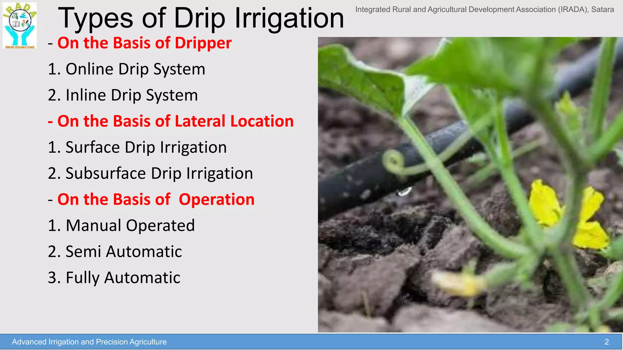 Types of Drip Irrigation and Design Data Requirement | PPT