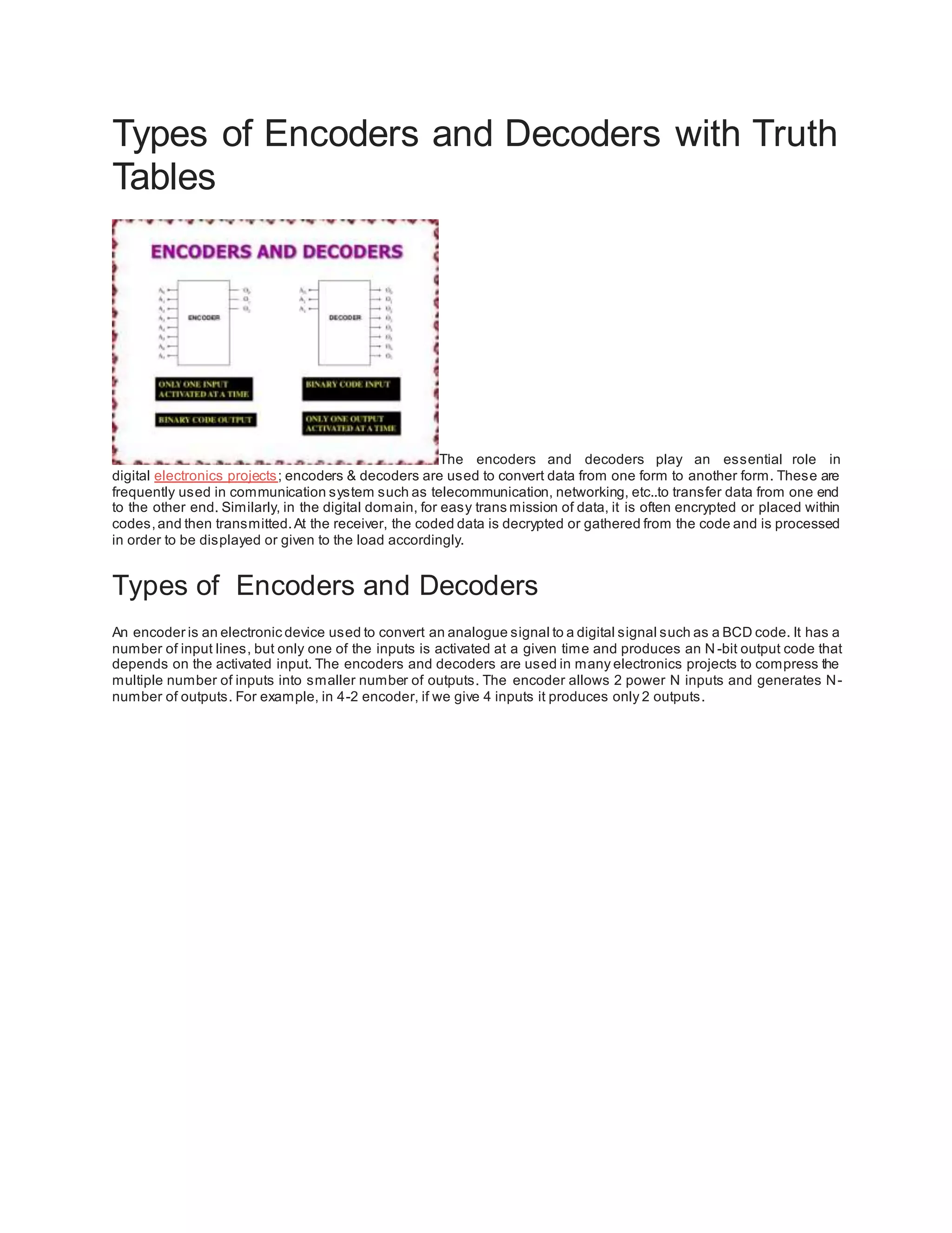 Types of encoders and decoders with truth tables | DOCX
