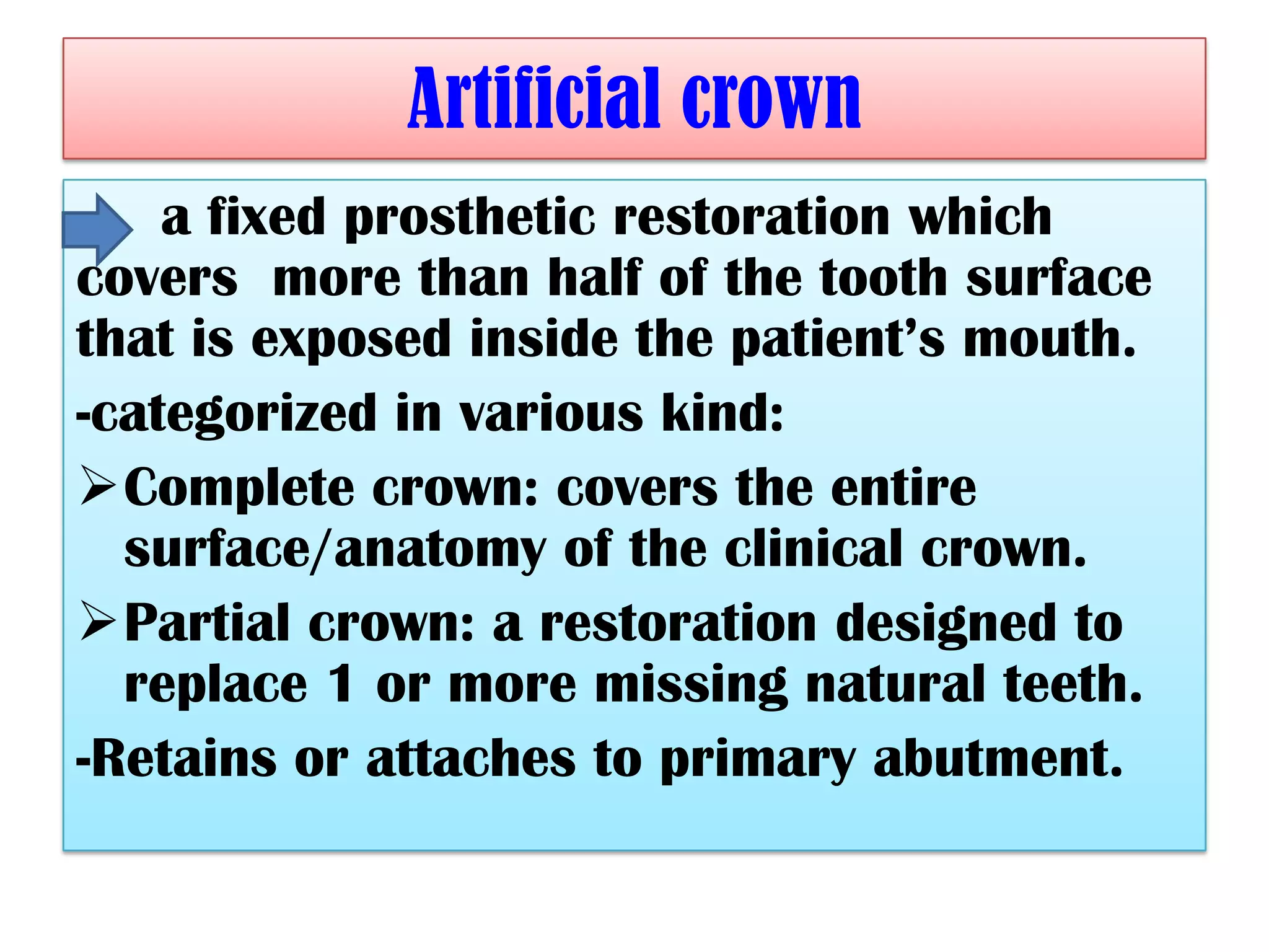 Types of fixed prostheses from Emilio Aguinaldo College, Philippines | PPTX