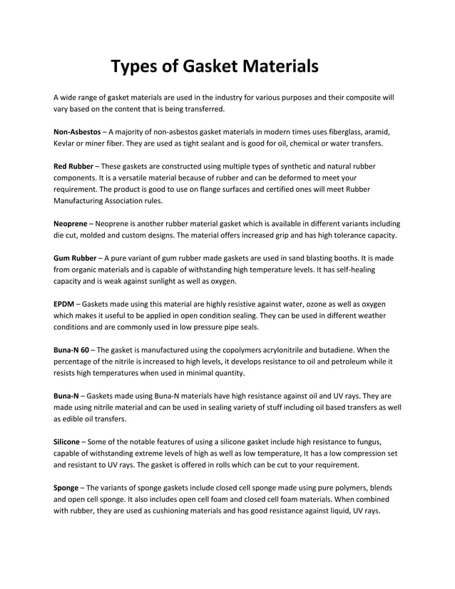 Types of gasket materials | DOCX
