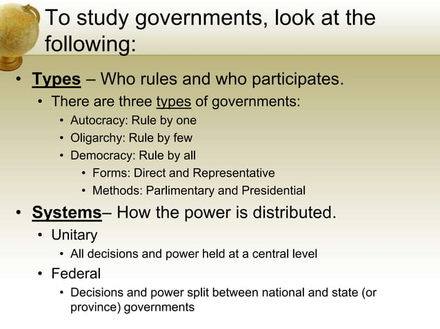 Types of government | PPTX | Elections | Politics