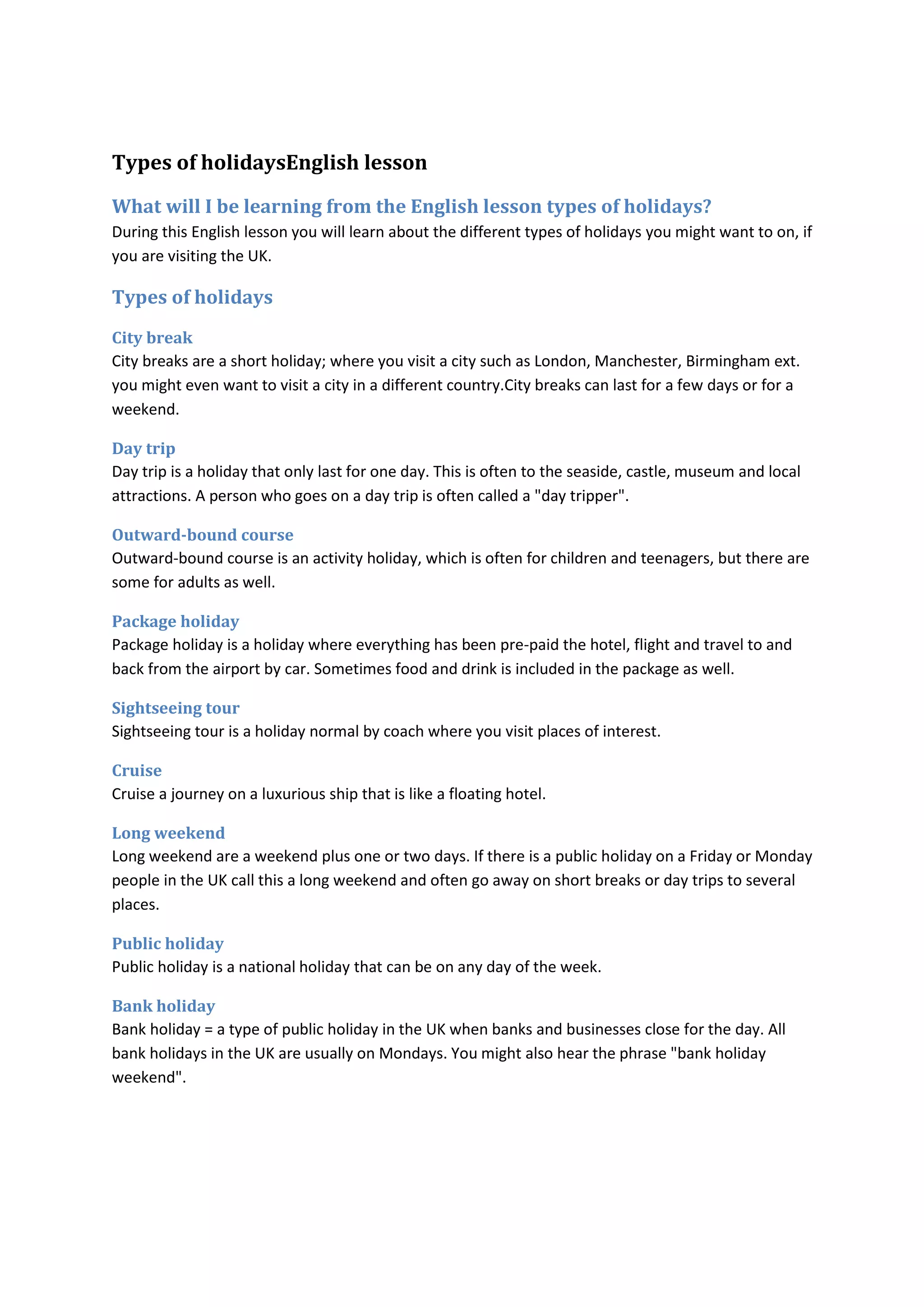 Types of holidays learning English lesson | DOCX