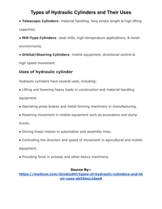 Types of Hydraulic Cylinders and Their Uses | PDF
