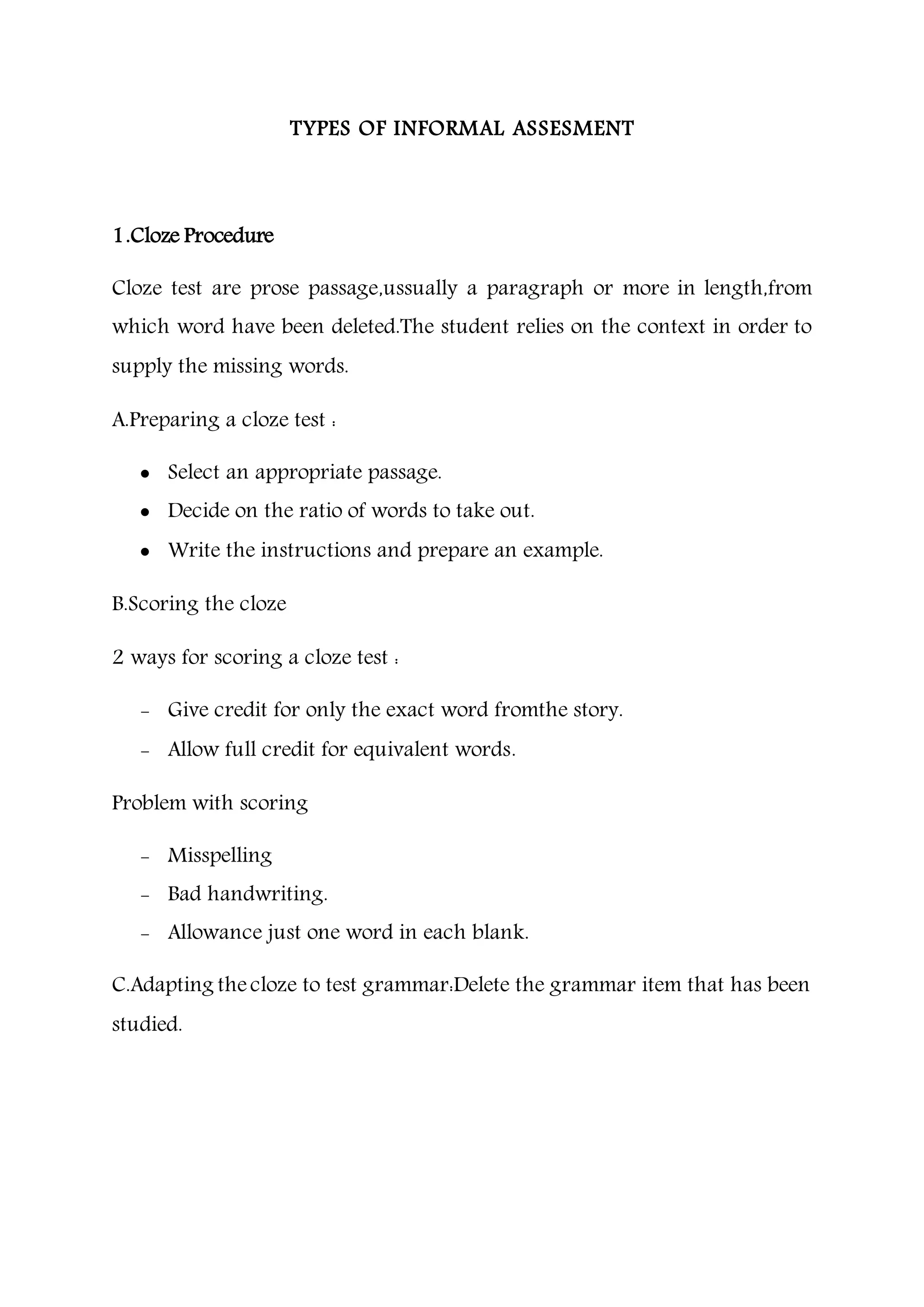 Types of informal assesment(language testing assigment) | DOCX ...