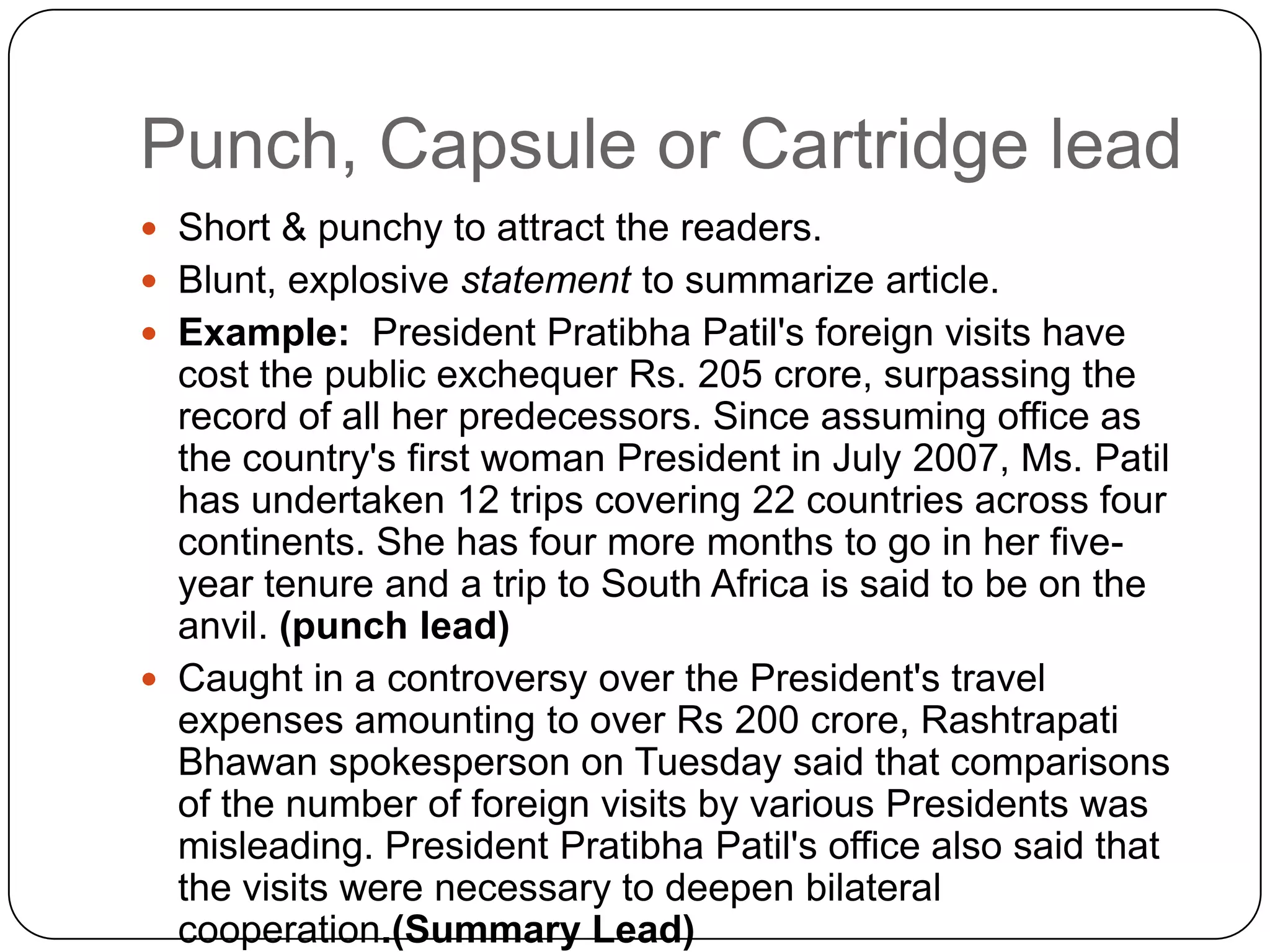 Types of leads in news writing | PPTX