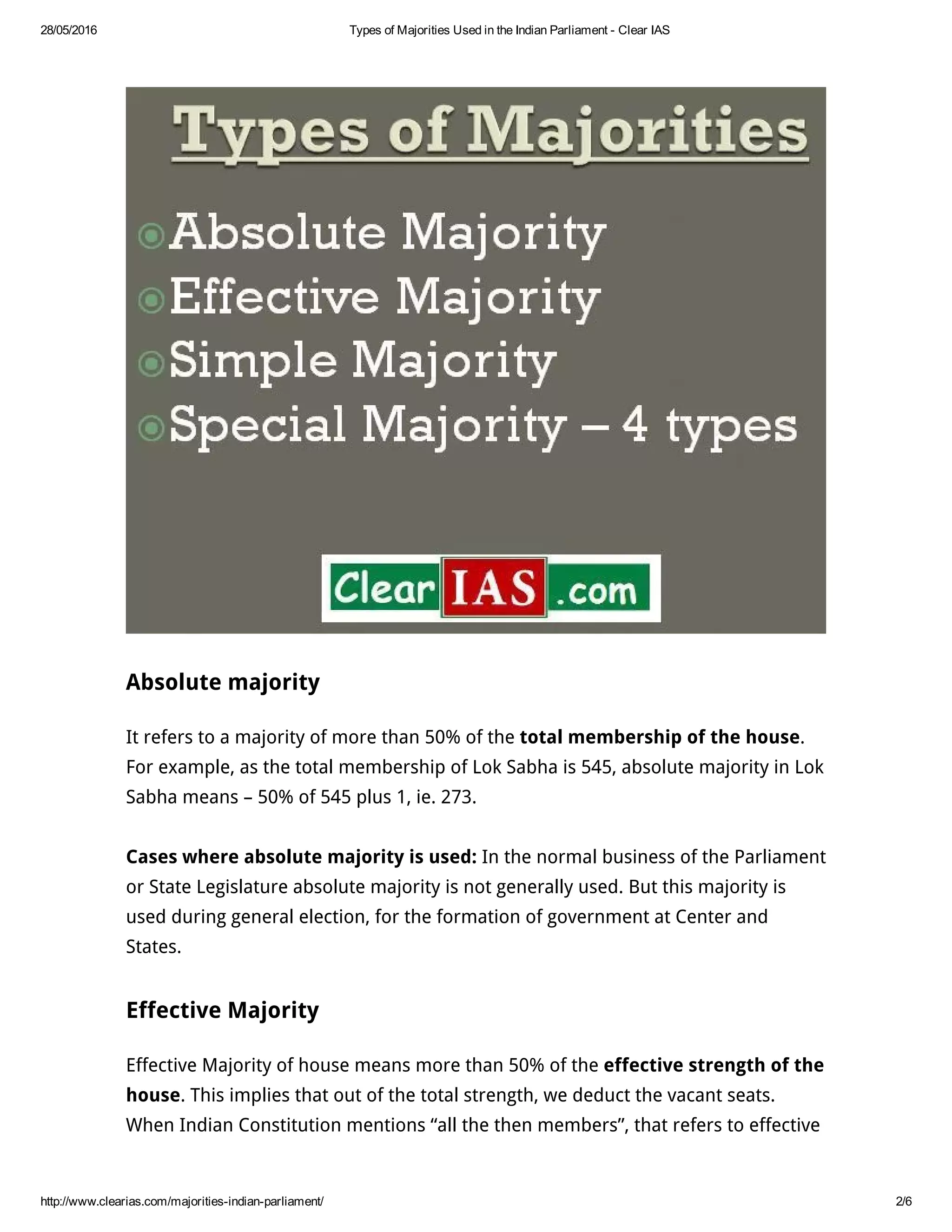 Types of majorities used in the indian parliament clear ias | PDF