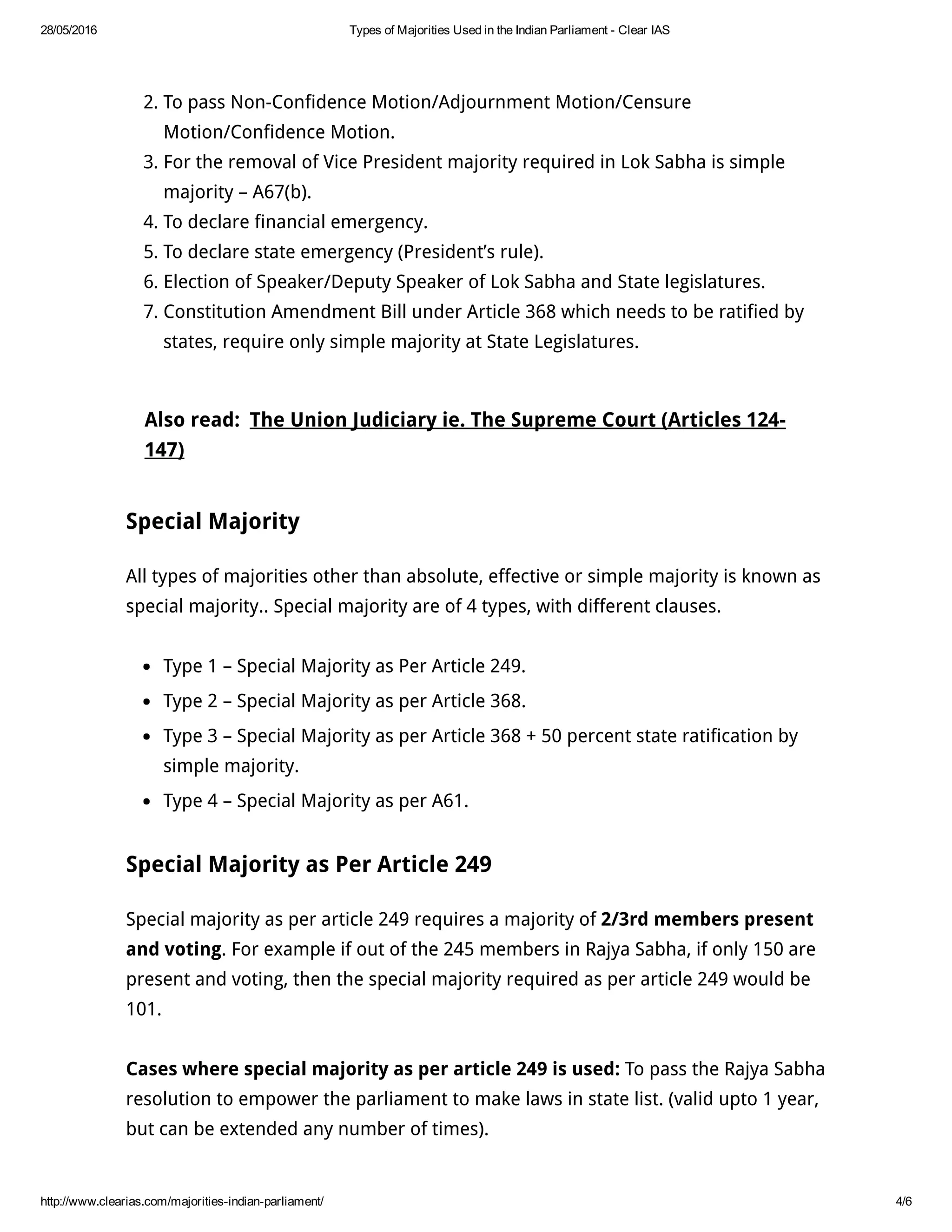 Types of majorities used in the indian parliament clear ias | PDF