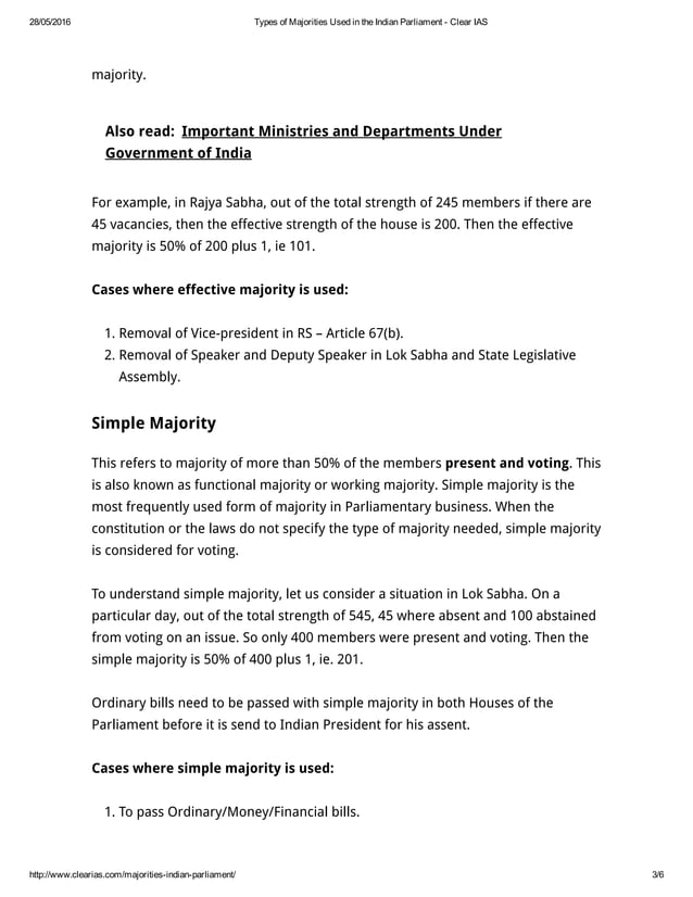 Types of majorities used in the indian parliament clear ias | PDF