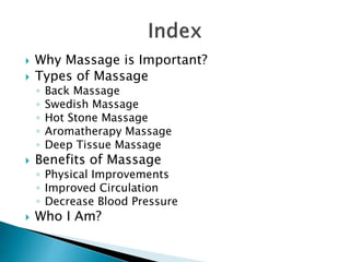 Types of Massage and It’s Benefits - Dr. Nova Law | PPTX