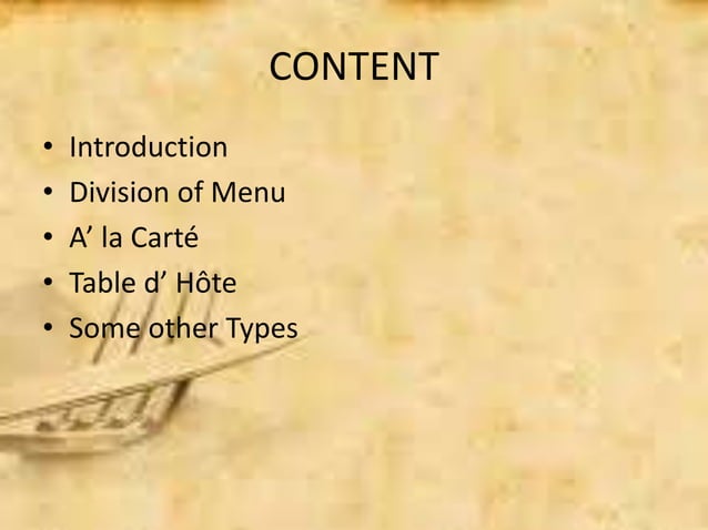 Types of menu | PPTX | Bars & Restaurants | Attractions
