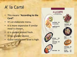 Types of menu in restaurant store