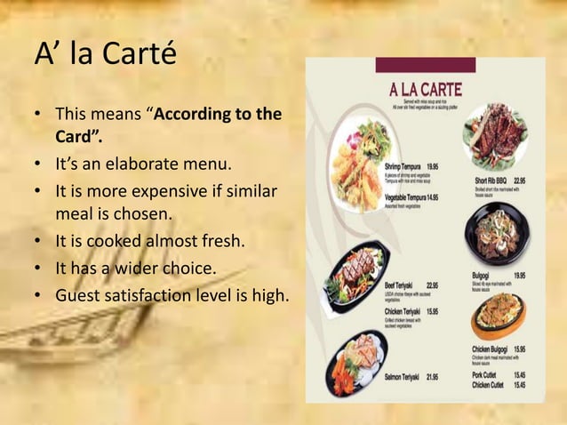 Types of menu | PPTX | Bars & Restaurants | Attractions