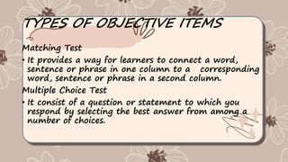 TYPES OF OBJECTIVE ITEMS.pptx | Standardized Testing | Educational ...