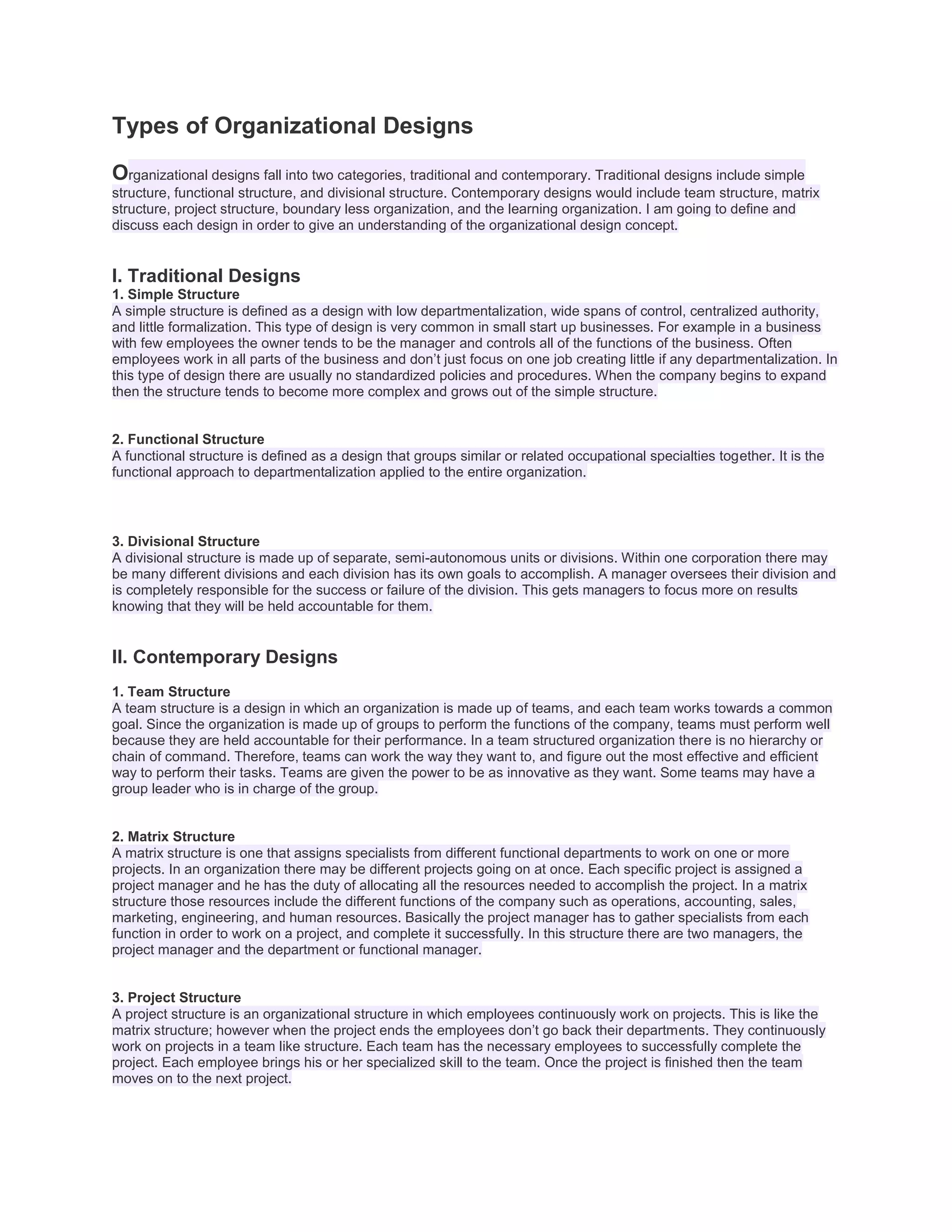 Types of organizational designs | DOCX