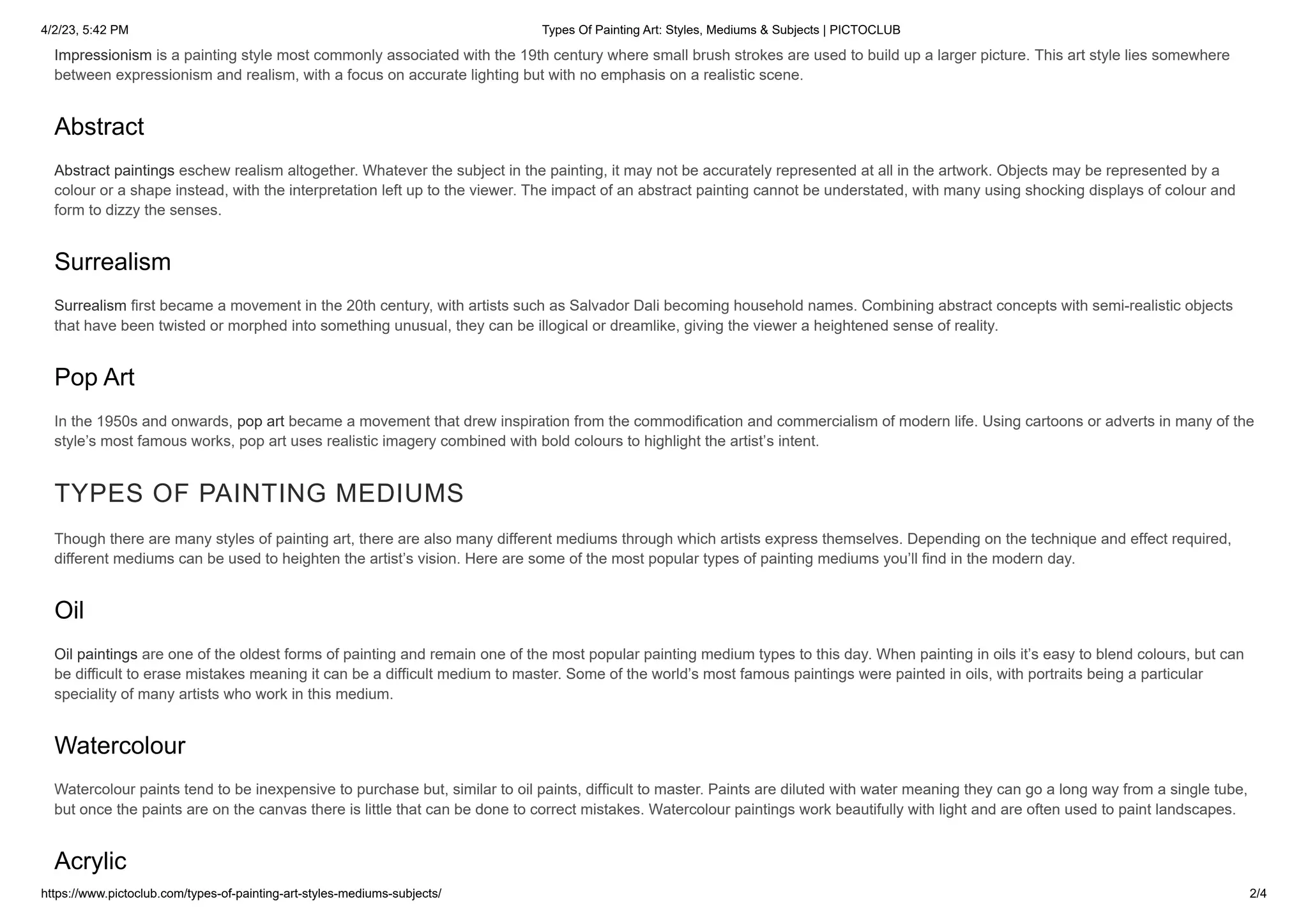 Types Of Painting Art_ Styles, Mediums & Subjects _ PICTOCLUB.pdf