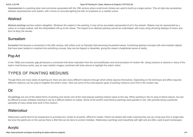 Types Of Painting Art_ Styles, Mediums & Subjects _ PICTOCLUB.pdf ...