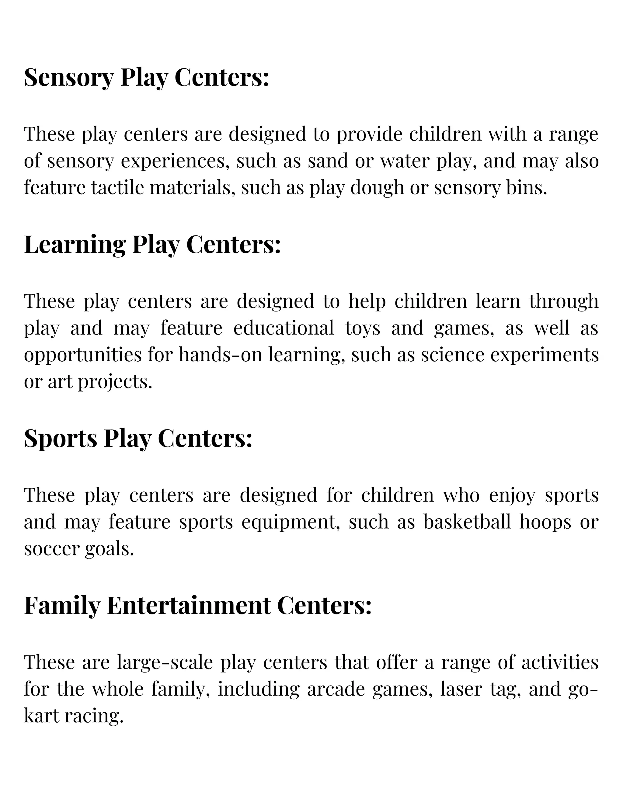 Types of Play Centers - HR Sports | PDF