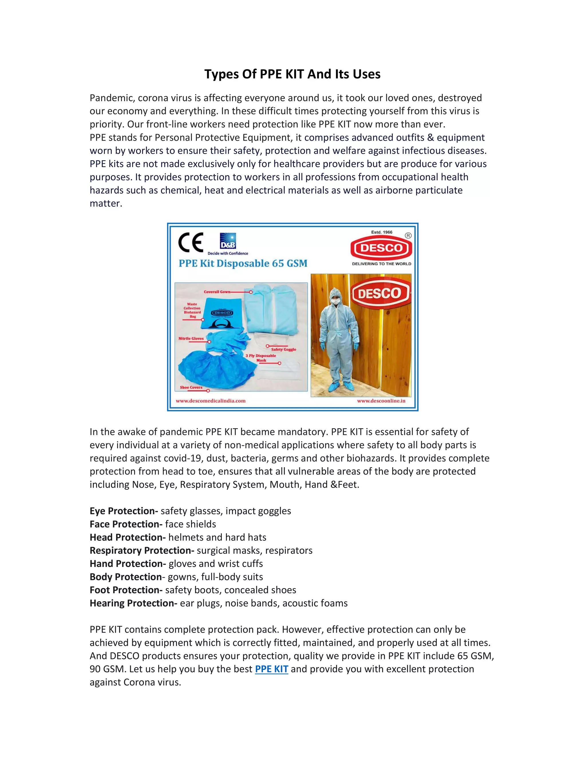 Types Of PPE KIT And Its Uses | PDF