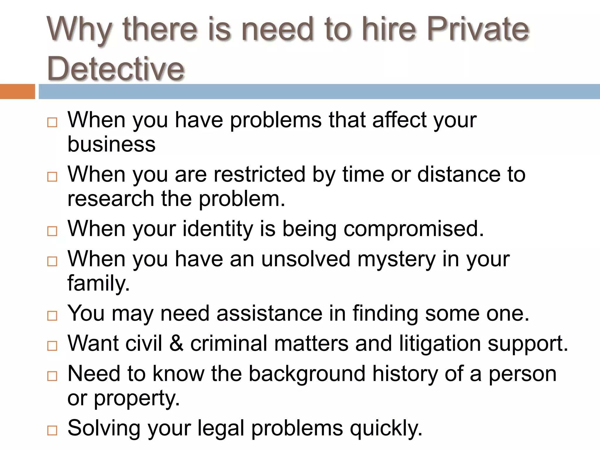 Types of private detectives and their investigations | PPTX | Crime ...