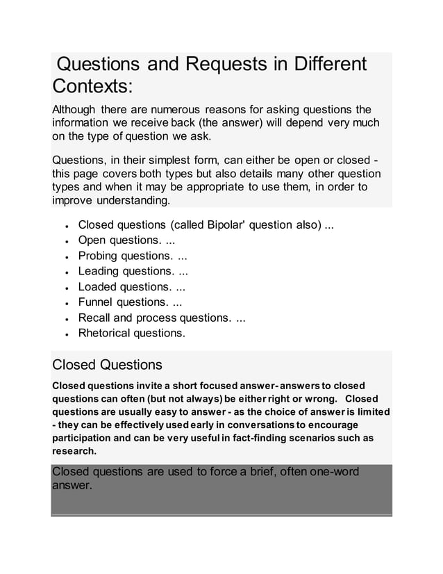 Types of questions and requests in different contexts | PDF